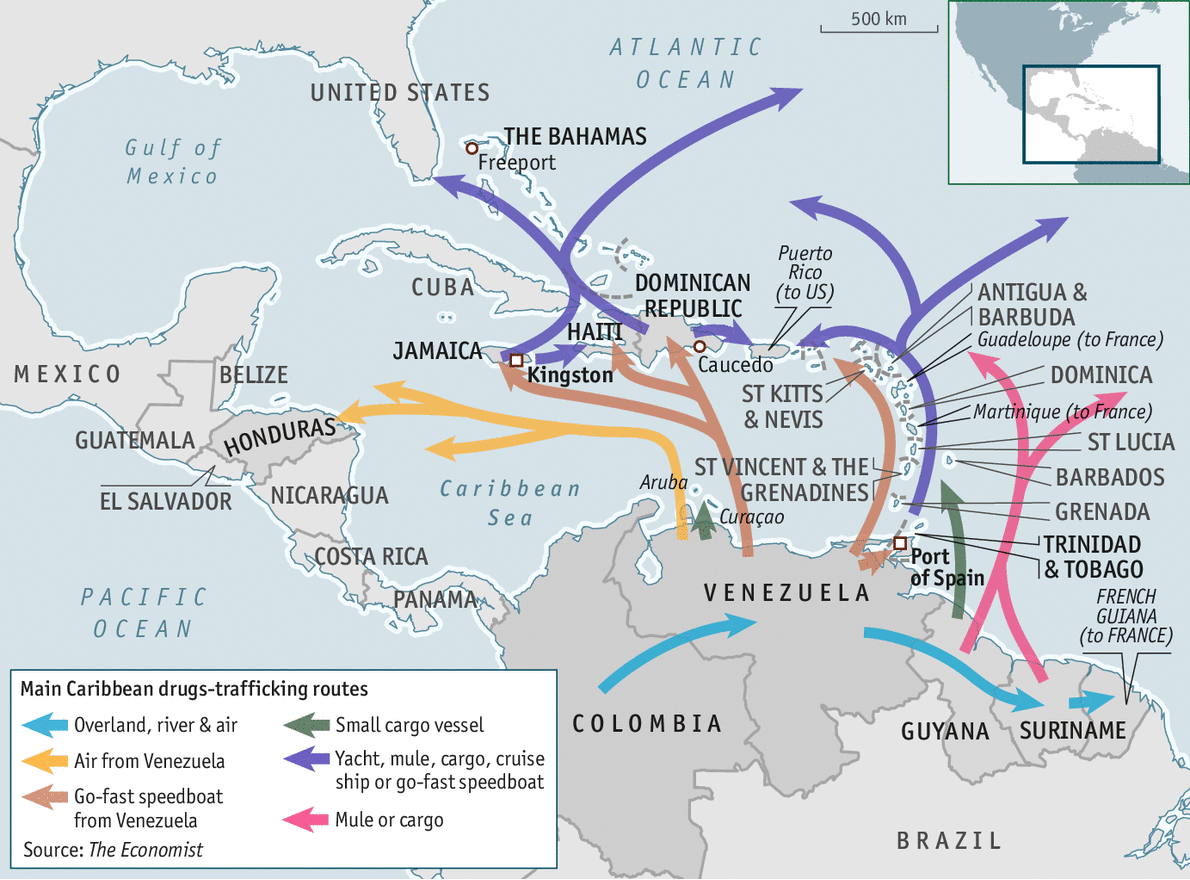 The main drug trafficking routes into the USA and the countries they ...